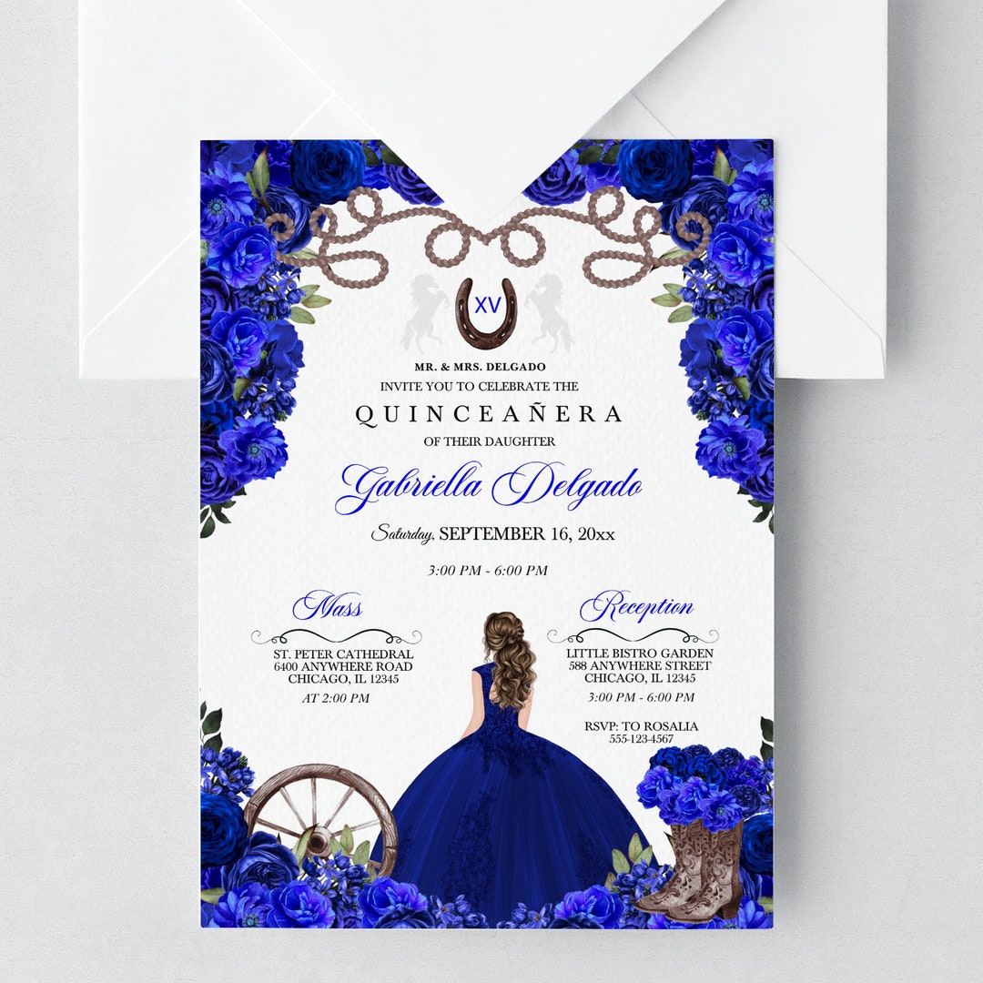 EDITABLE Invitation, Royal Blue Western Ranchero Quinceanera Invitation ...