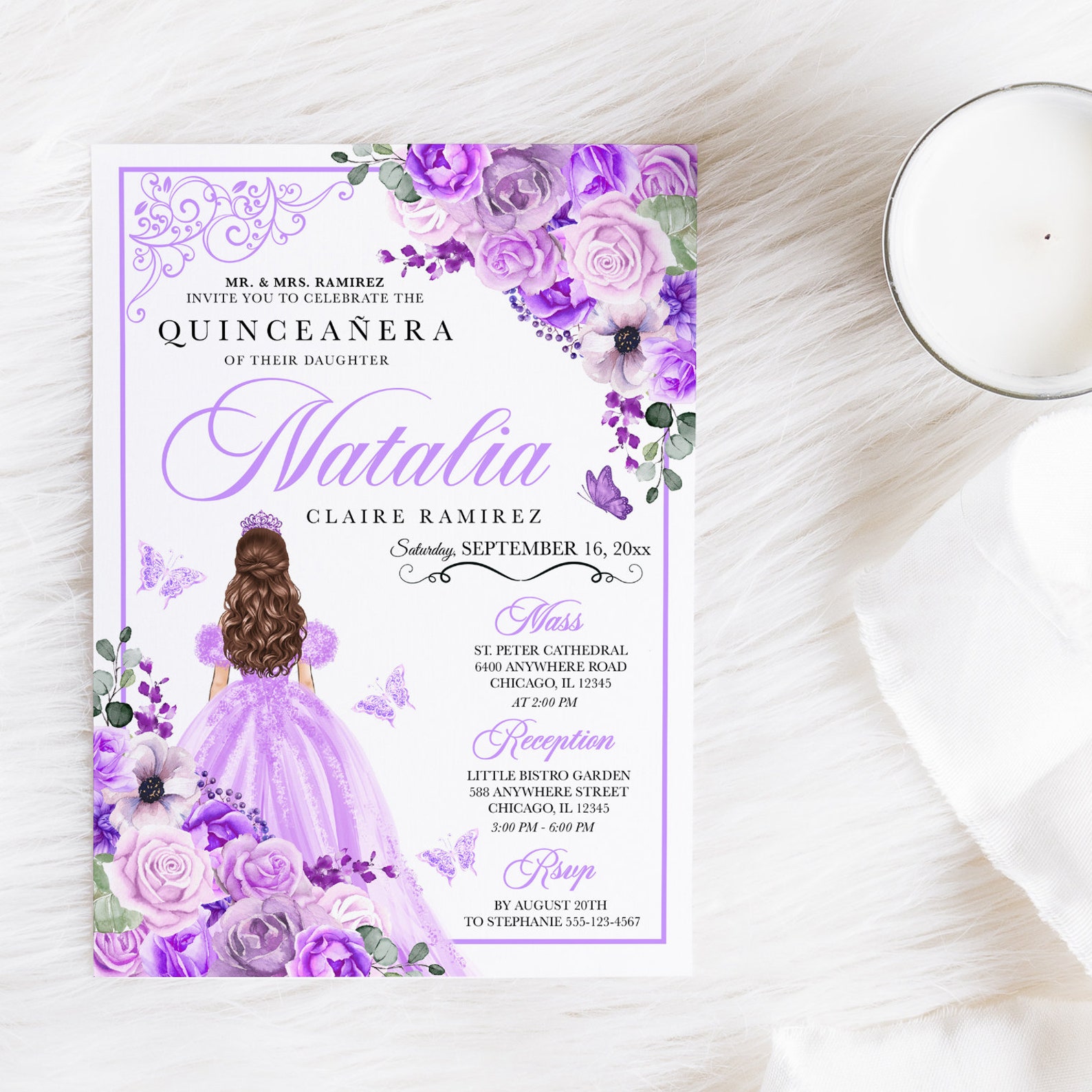 EDITABLE Invitation, Elegant Lilac Purple Floral Quinceanera Invitation ...