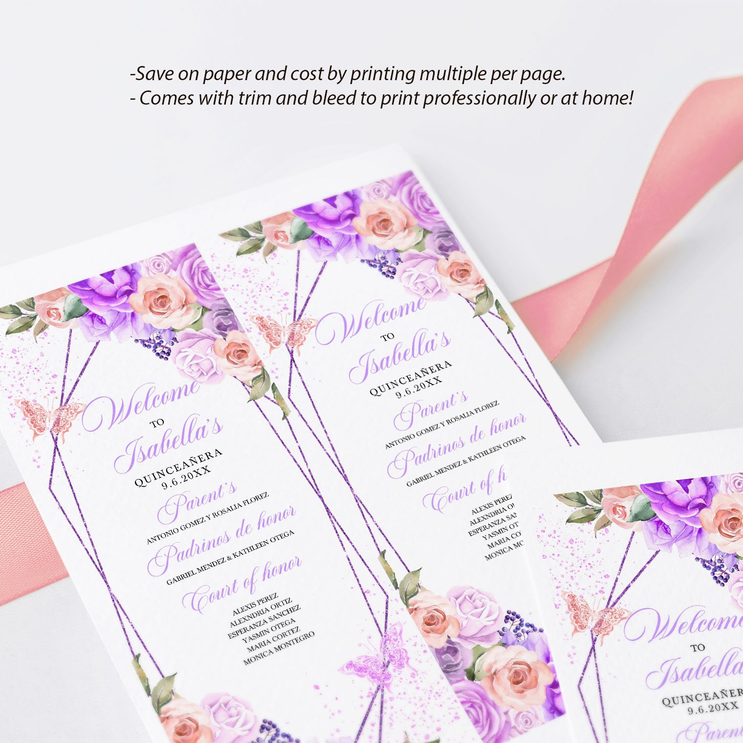 EDITABLE Program Template Elegant Pink & Purple Floral - Etsy