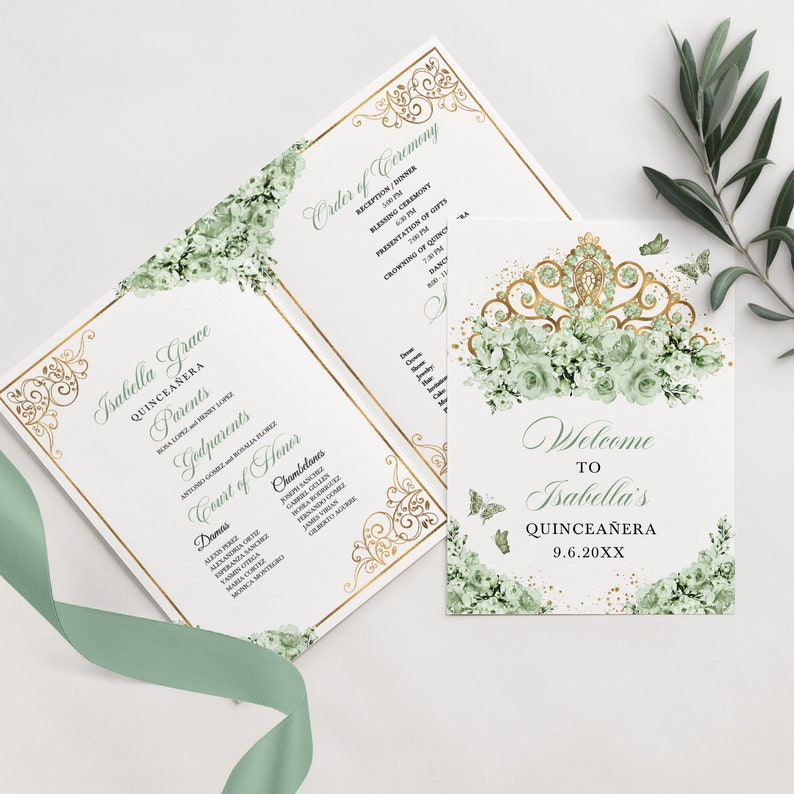 EDITABLE Program Template Sage Green & Gold Tiara Princess - Etsy