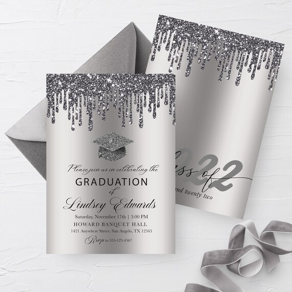 EDITABLE Invitation Silver Glitter Drip Graduation | Etsy