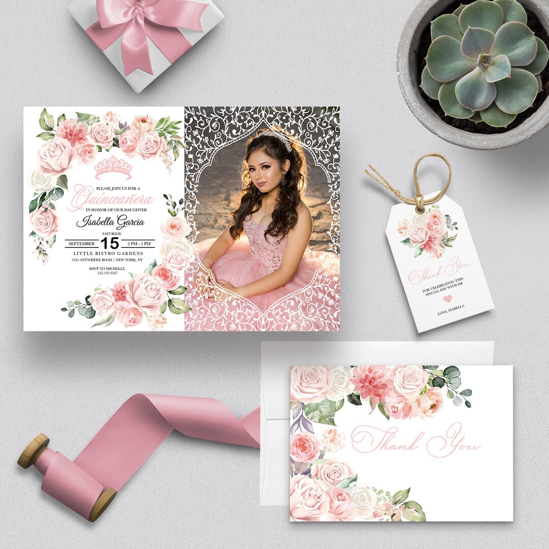 Pink Floral Quinceanera Invitation Bundle: Editable Template (corjl) - Etsy
