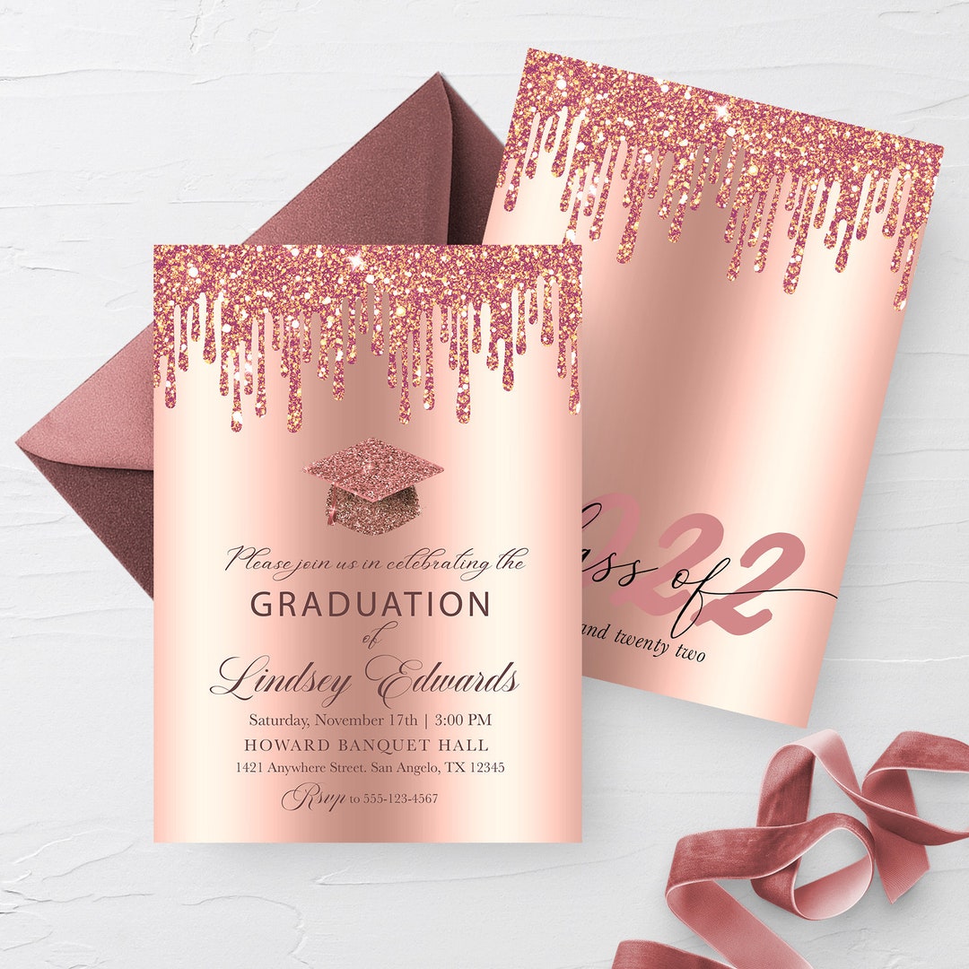 EDITABLE Invitation, Rose Gold Glitter Drip Graduation Invitation ...