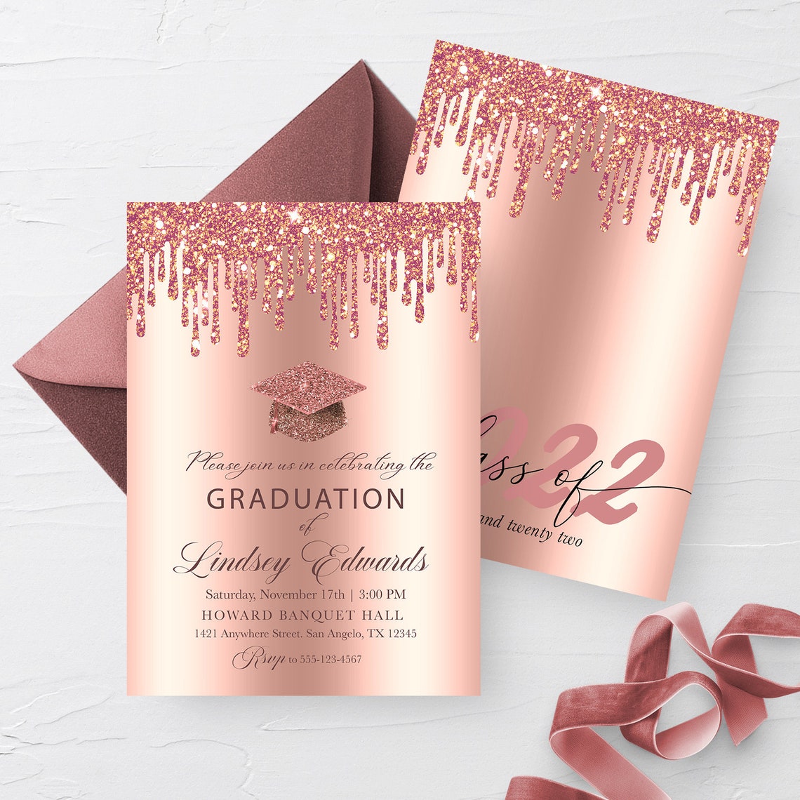 EDITABLE Invitation Rose Gold Glitter Drip Graduation - Etsy