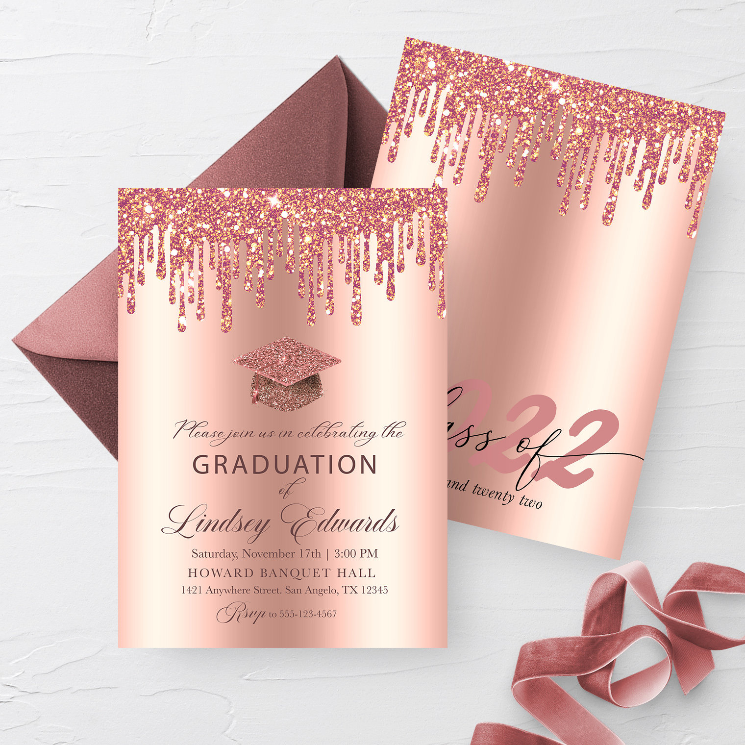 Rose Gold Glitter Drip Graduation Invitation (editable Template) - Etsy