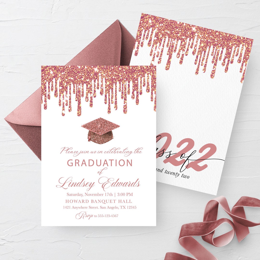 EDITABLE Invitation, Rose Gold Glitter Drip Graduation Invitation ...