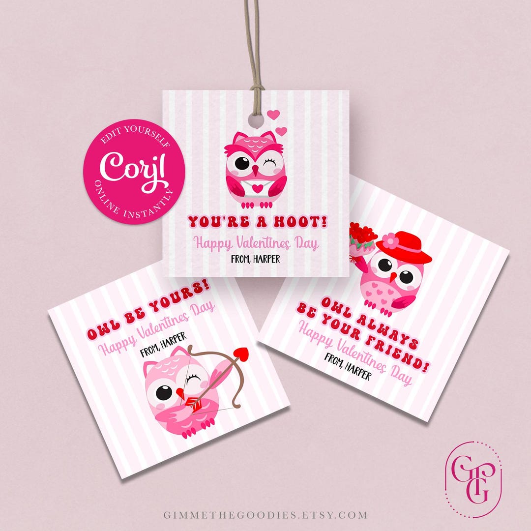 Editable Owl Valentine Gift Tags: Printable Favor Labels (corjl ...
