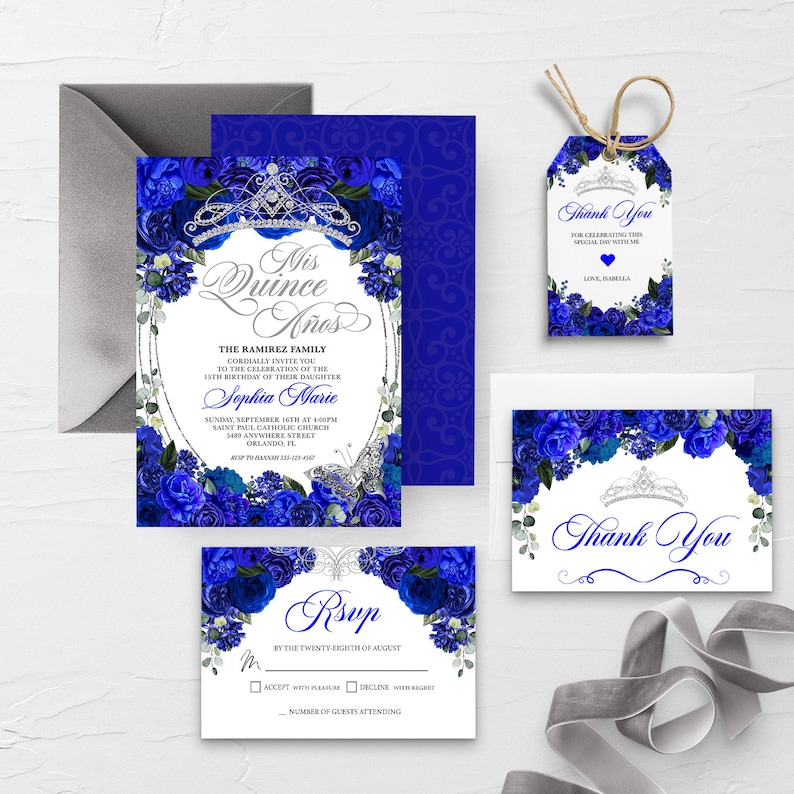 EDITABLE Invitation Royal Blue Silver Floral Quinceanera | Etsy