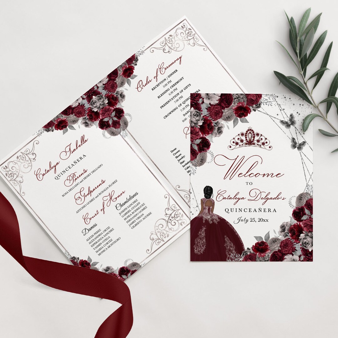 Burgundy Floral Quinceanera Program Template (5x7 Bi-fold, Editable ...