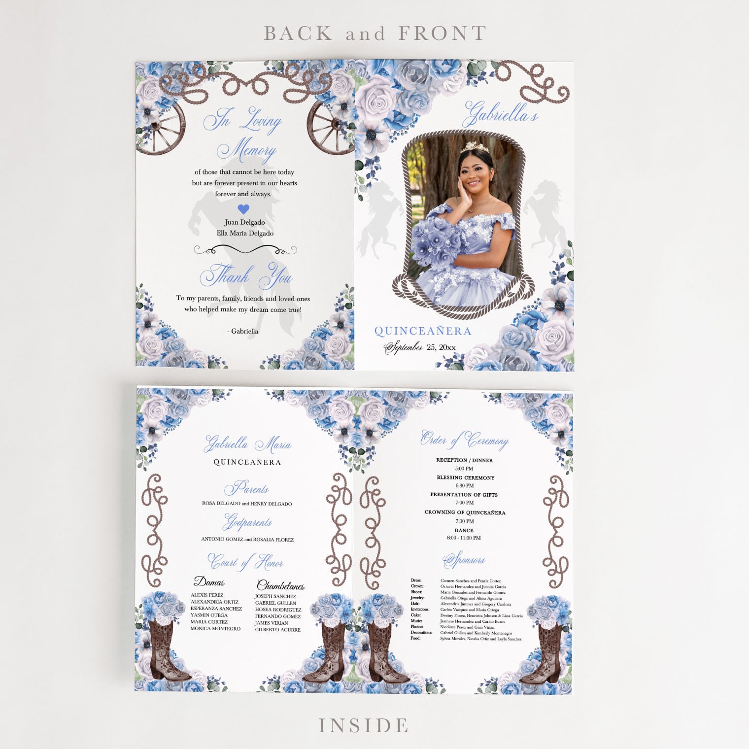 Blue Western Quinceanera Program Template: Editable Bi-fold (5x7 ...