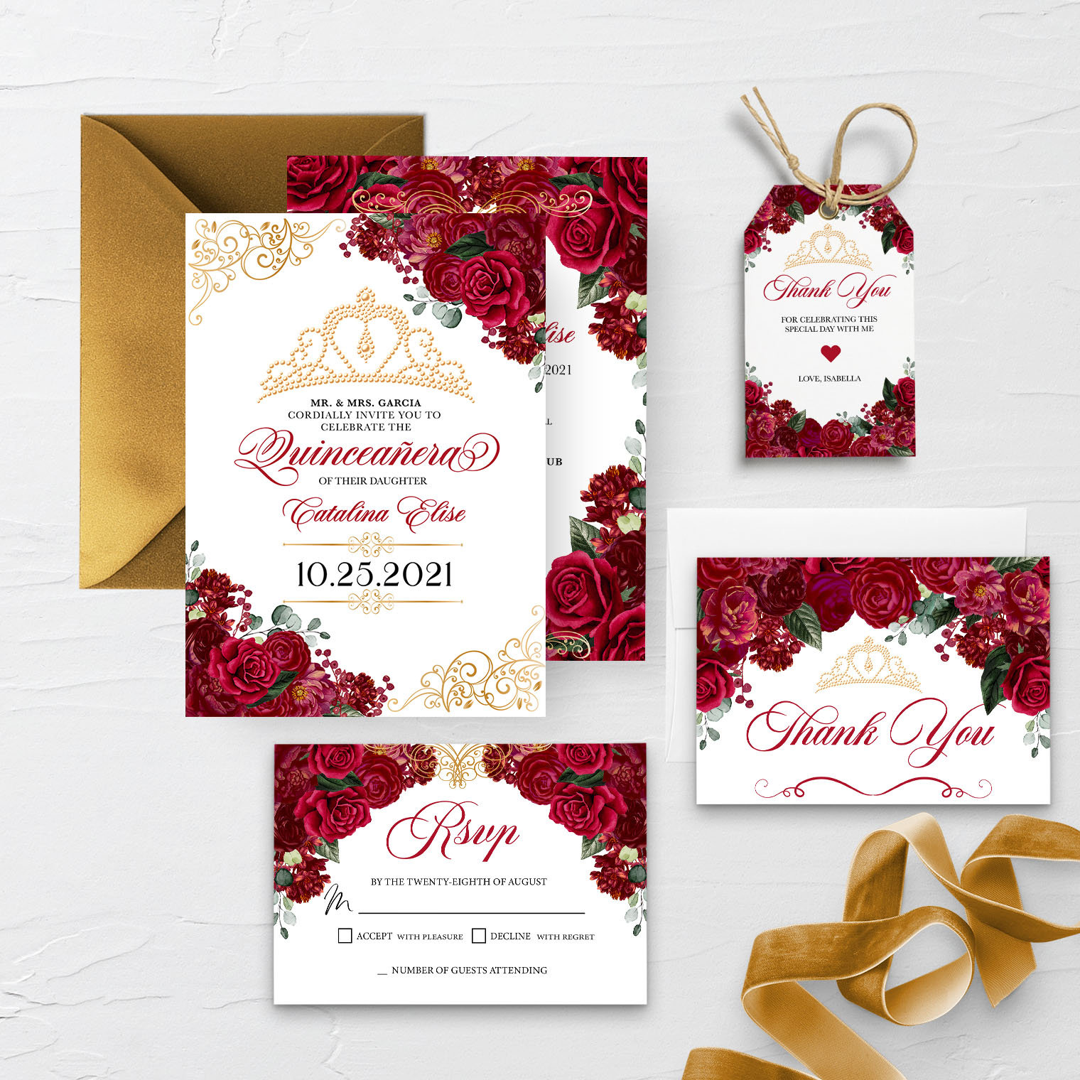 EDITABLE Invitation Red & Gold Floral Quinceanera Invitation | Etsy