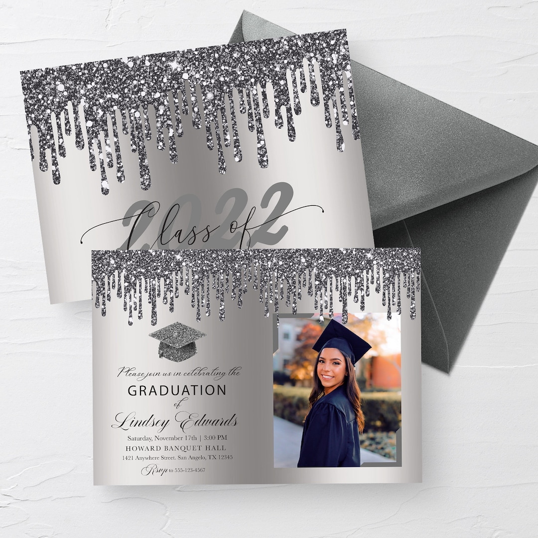 Silver Glitter Drip Graduation Invitation Template (editable, Printable ...