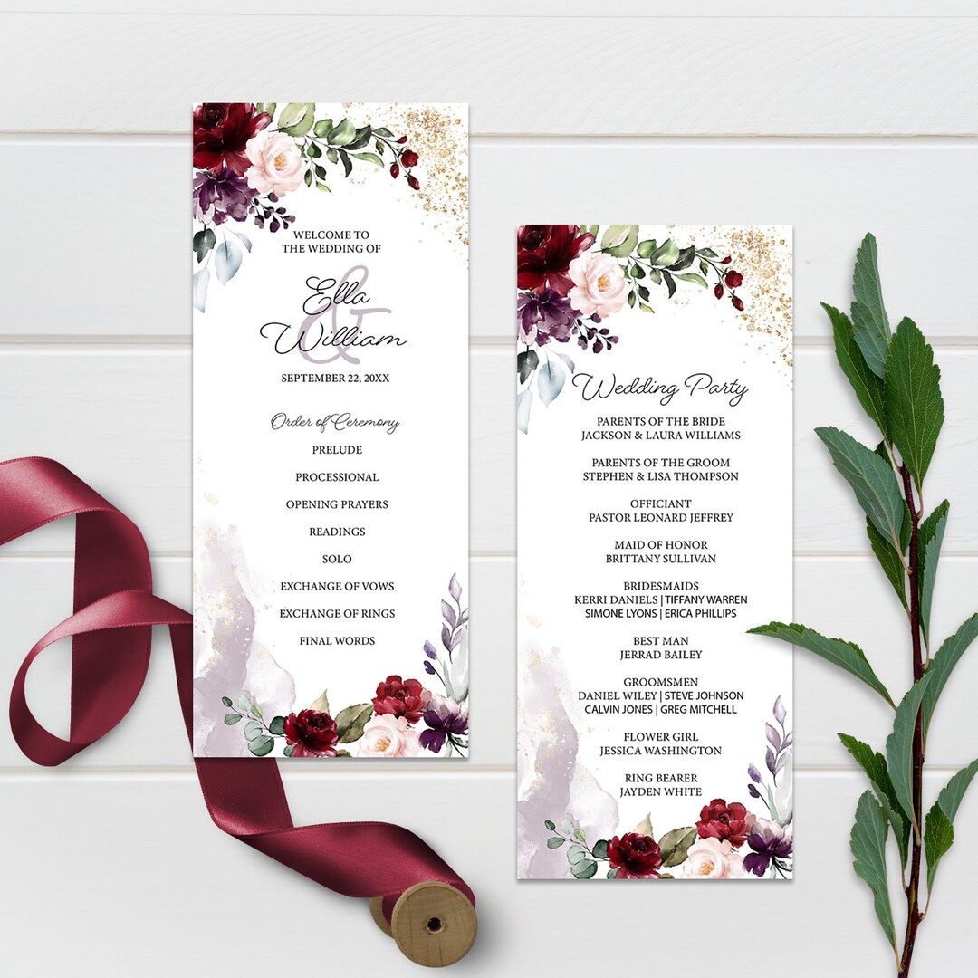 Burgundy Floral Wedding Program Template: Watercolor Design (EDITABLE ...