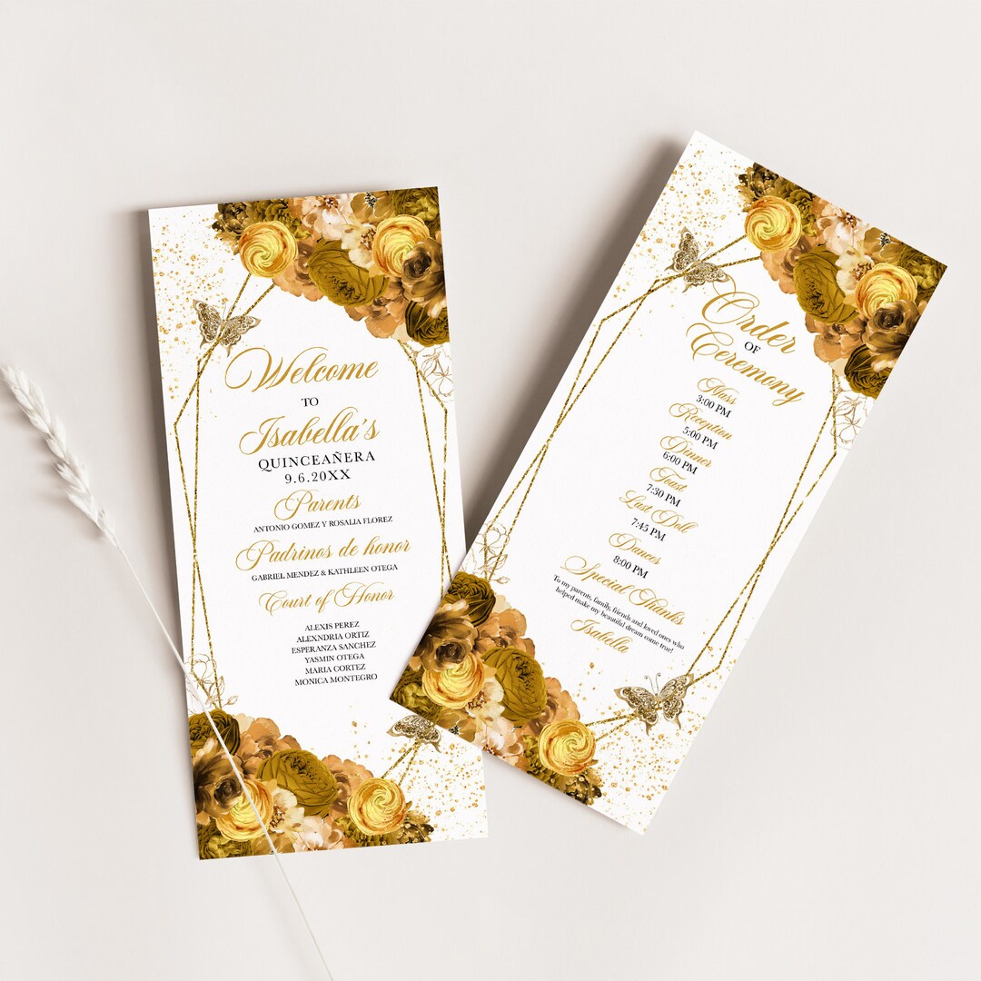 EDITABLE Program Template, Elegant Gold Floral Quinceanera Program, Mis ...
