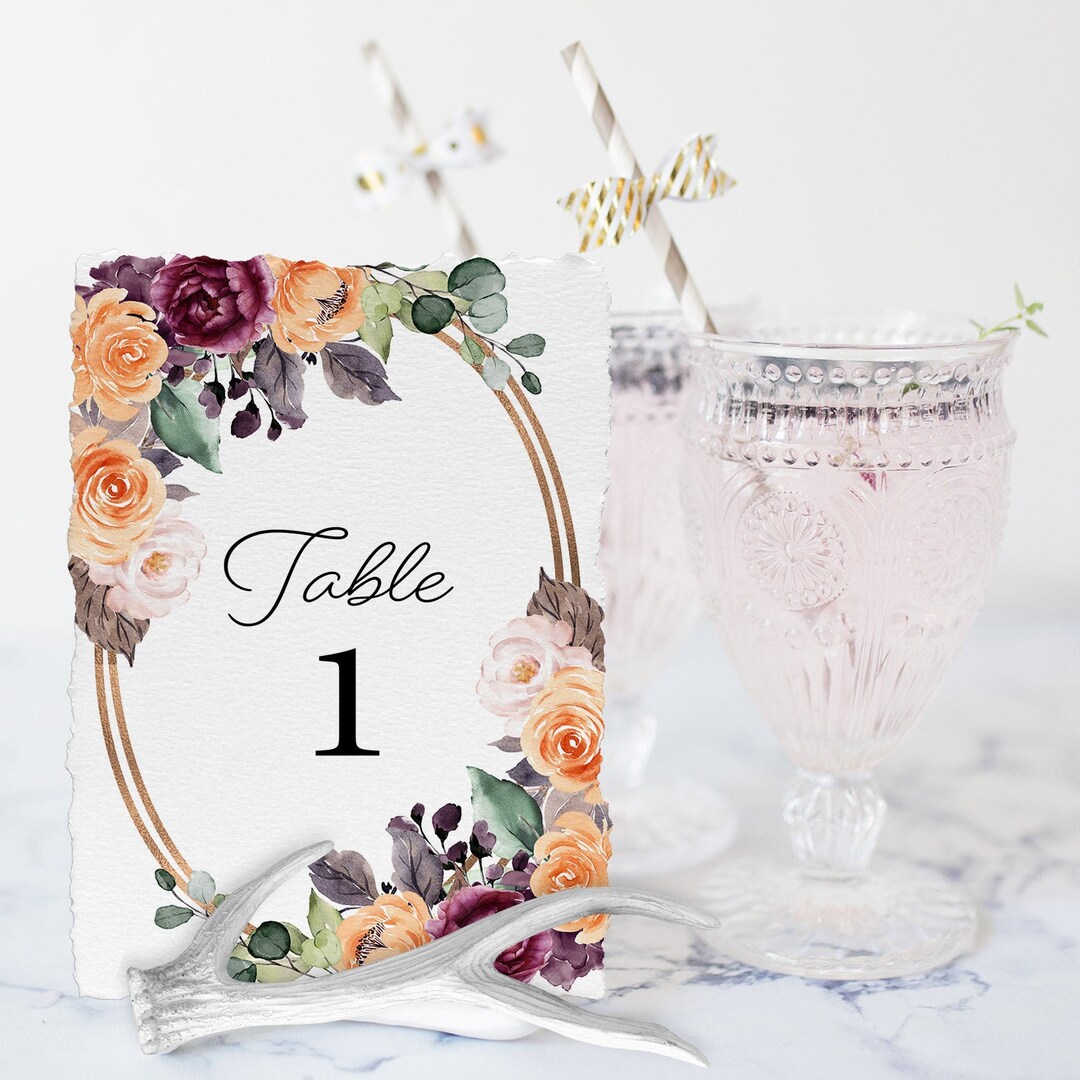 EDITABLE Template, Peach and Purple Floral Wedding Table Number ...