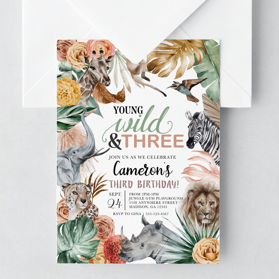 EDITABLE Invitation Boho Jungle Safari Young Wild & Three - Etsy
