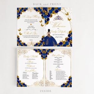 EDITABLE Program Template, Royal Blue & Gold Floral Quinceanera Program ...