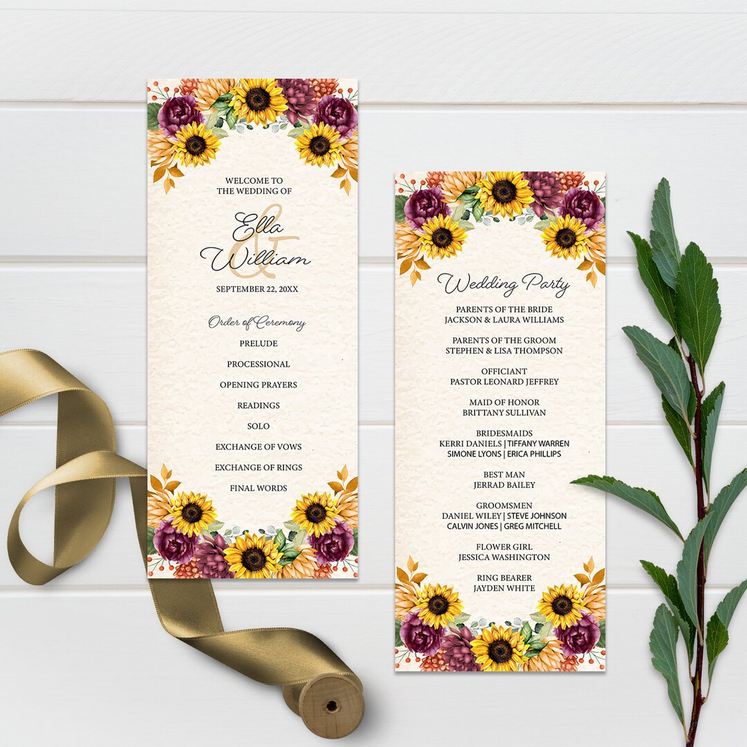 Sunflower Wedding Program Template: Autumn Watercolor Florals (EDITABLE ...