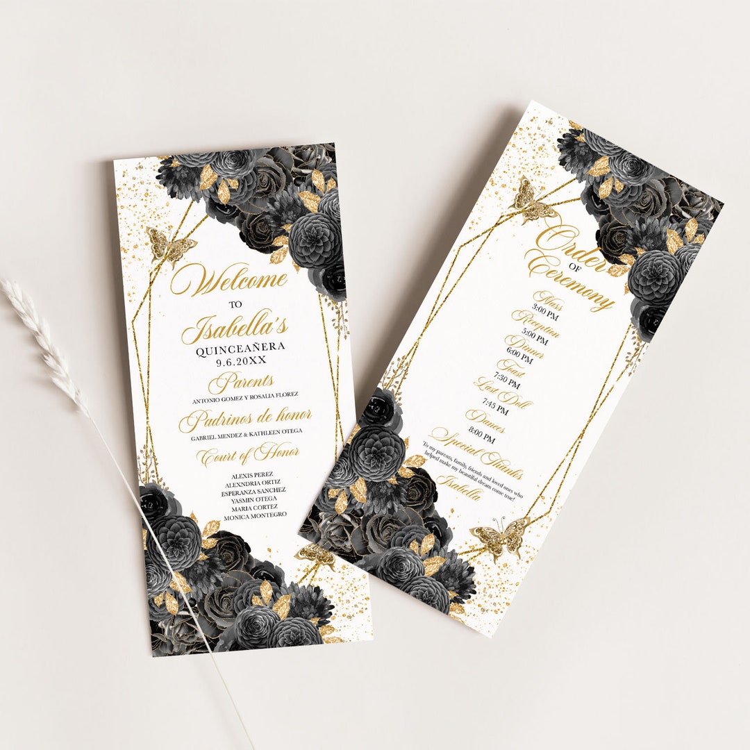 EDITABLE Program Template, Elegant Black and Gold Floral Quinceanera ...