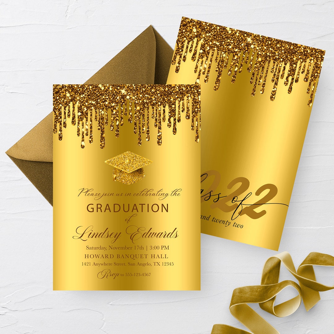 Gold Glitter Drip Graduation Invitation Template (editable, Printable ...