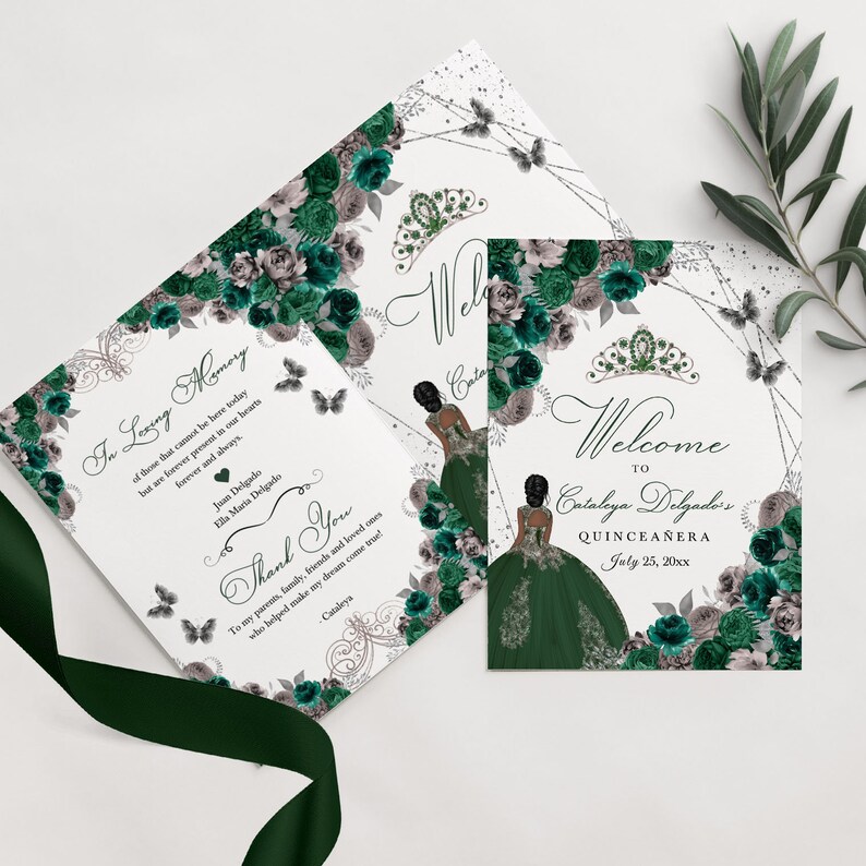 EDITABLE Program Template Emerald Green & Silver Floral - Etsy