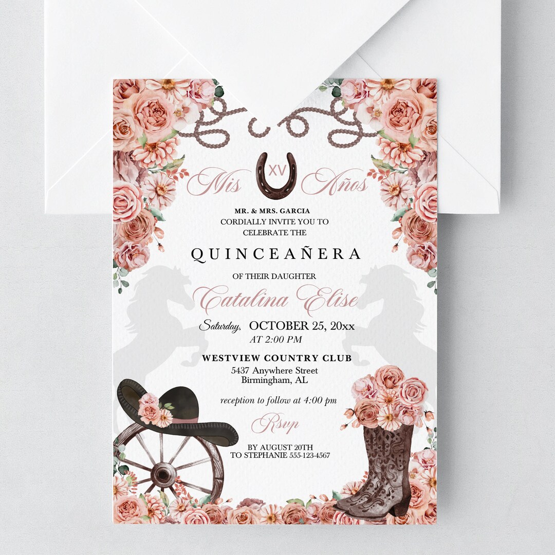 Rose Gold Cowboy Boots Quinceanera Invitation: Editable Template (corjl ...