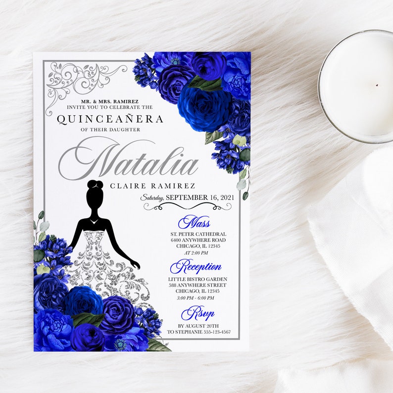EDITABLE Invitation Elegant Royal Blue Silver Floral - Etsy