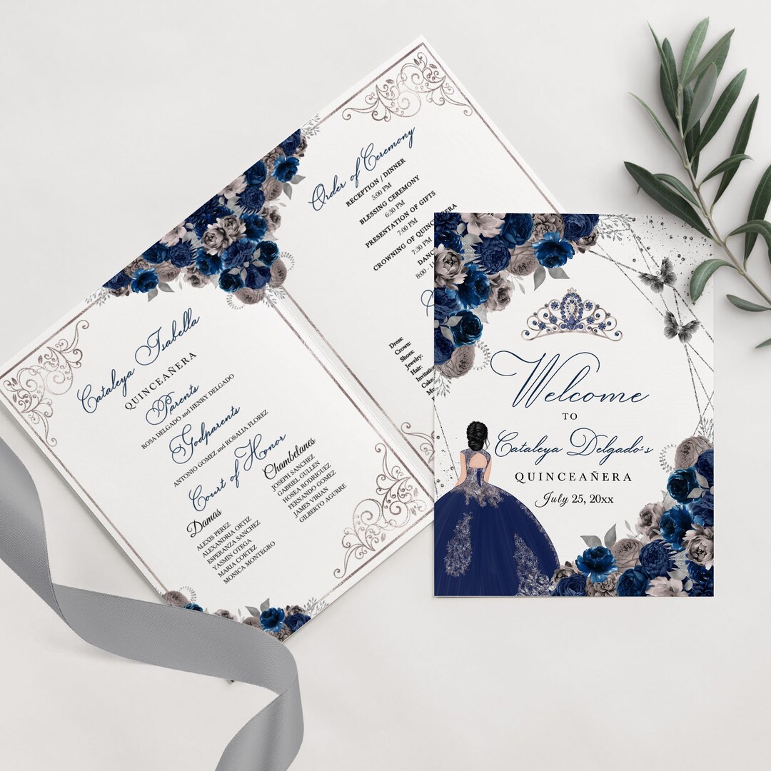 EDITABLE Program Template, Navy Blue & Silver Floral Quinceanera ...