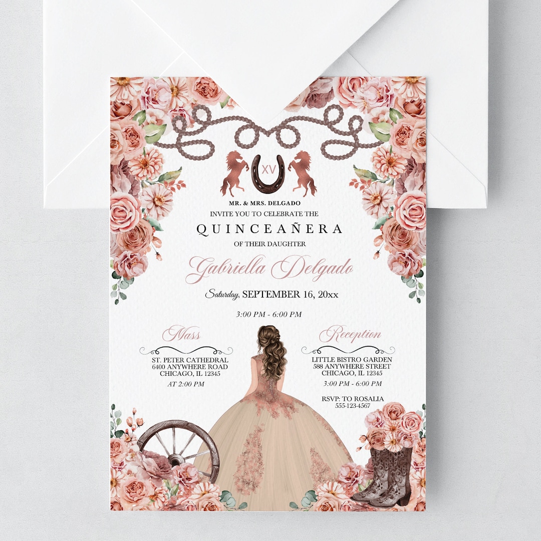 Rose Gold Quinceanera Invitation: Cowboy Boots, Western Fiesta ...