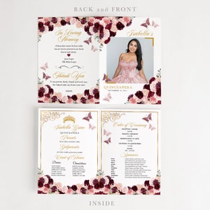 EDITABLE Program Template, Elegant Burgundy Blush Pink Quinceanera ...