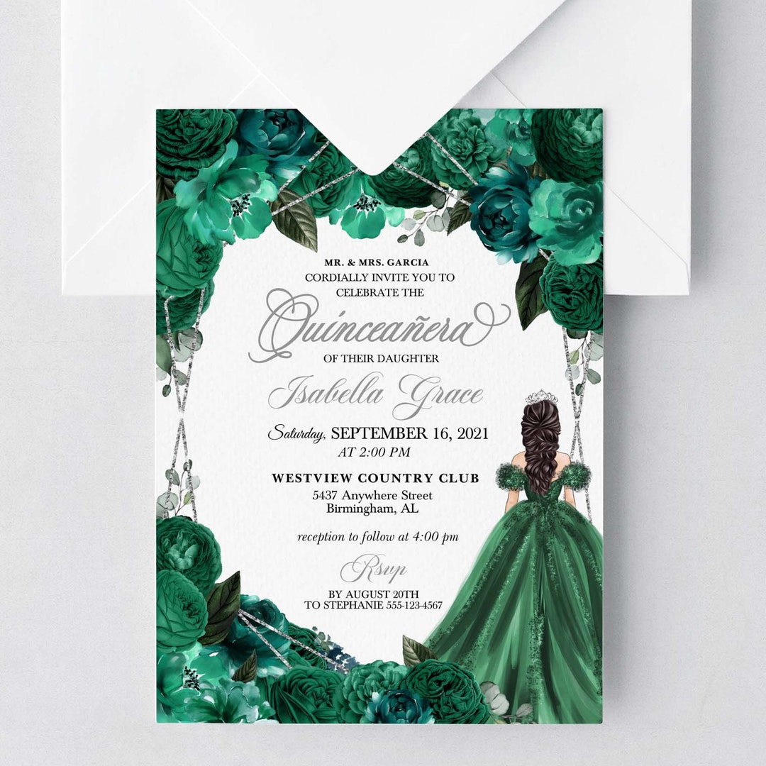 Emerald Green Floral Quinceanera Invitation: Editable Template (corjl ...
