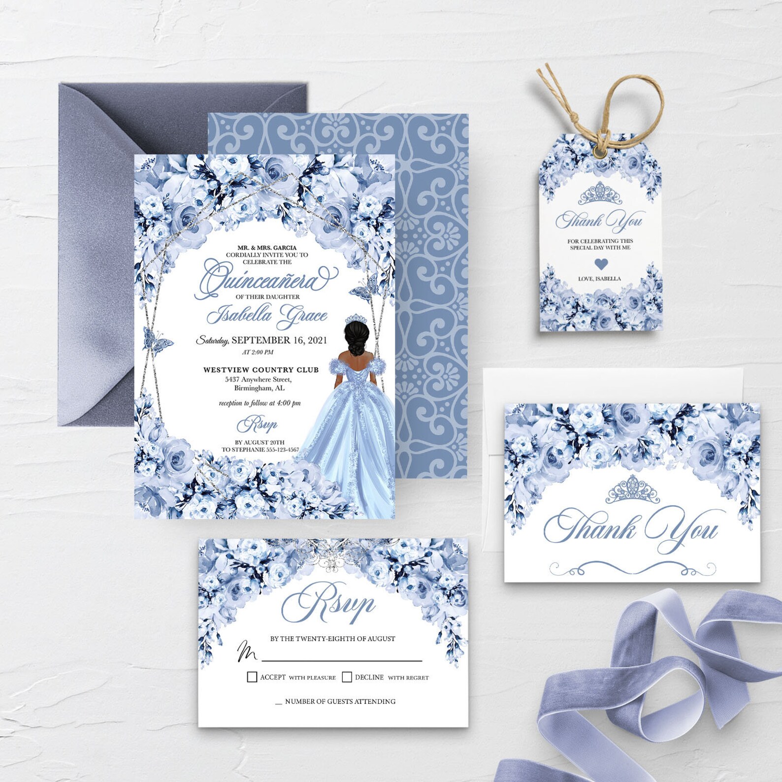EDITABLE Invitation, Dusty Blue Floral Quinceanera Invitation Bundle ...