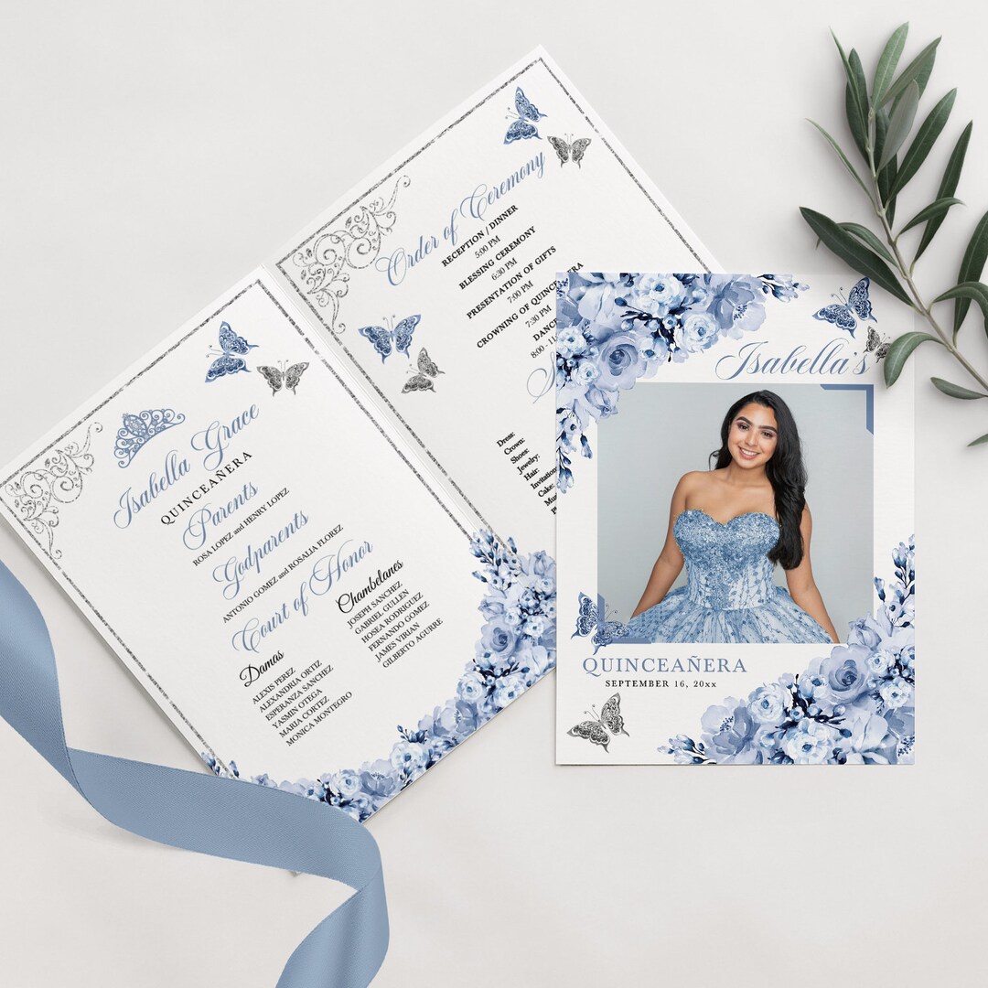 EDITABLE Program Template, Elegant Dusty Blue Floral Quinceanera ...
