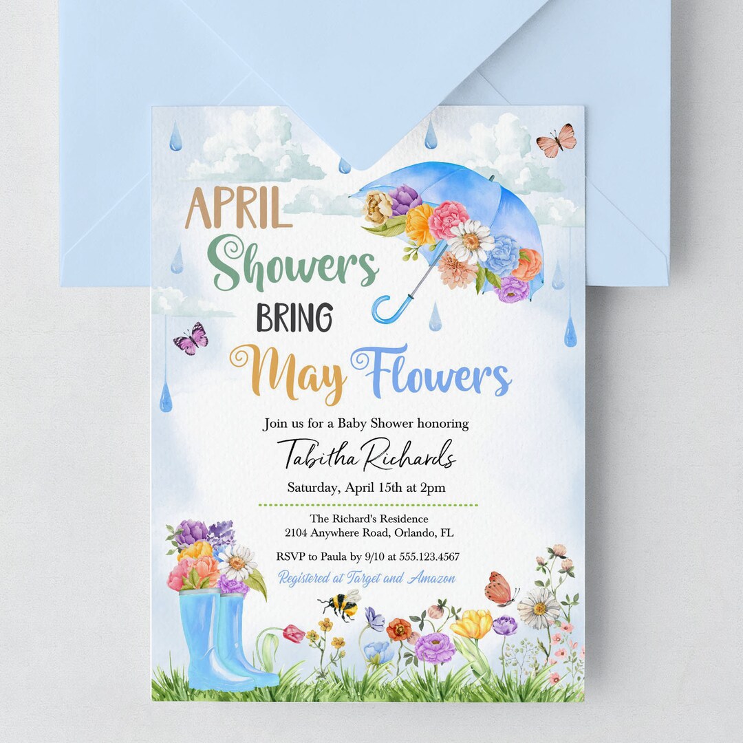 EDITABLE, April Showers Bring May Flowers Baby Shower Invitation ...