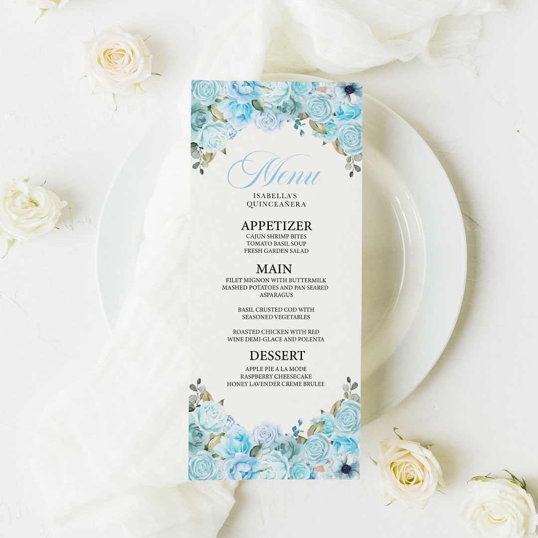 Elegant Sky Blue Floral Quinceanera Menu Template (printable, Editable ...