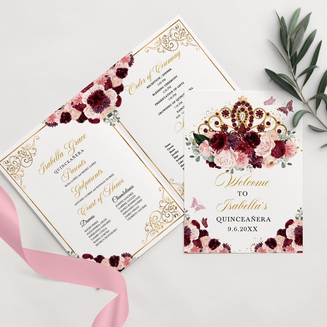 EDITABLE Program Template, Elegant Burgundy Blush Pink Quinceanera ...