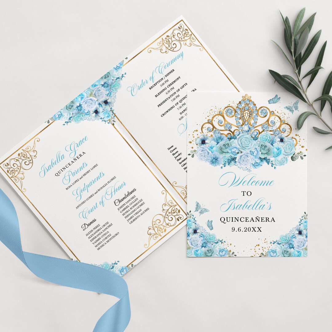Sky Blue Tiara Quinceanera Program Template (5x7 Bi-fold, Editable ...