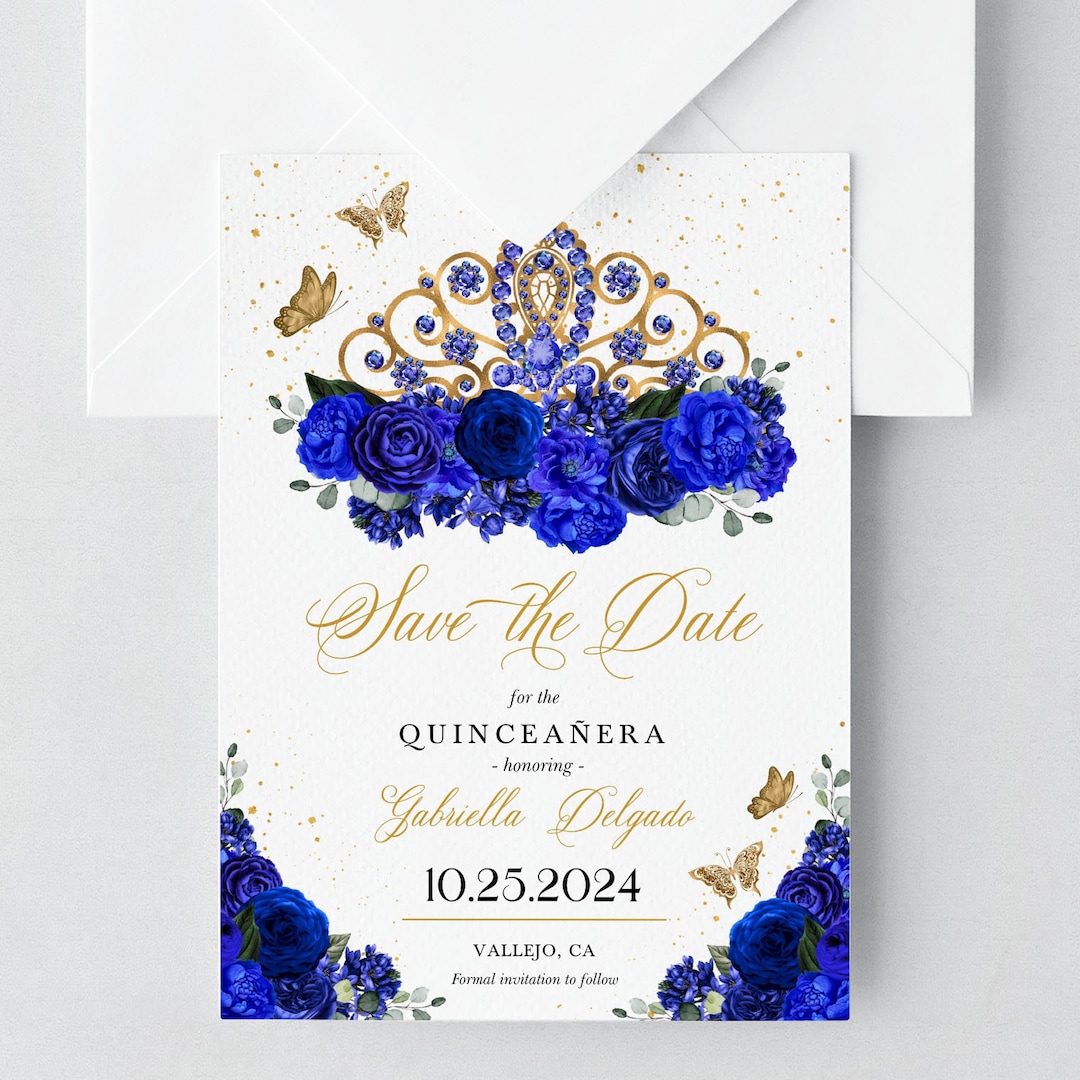 Royal Blue Floral Quinceanera Save the Date Invitation (editable ...