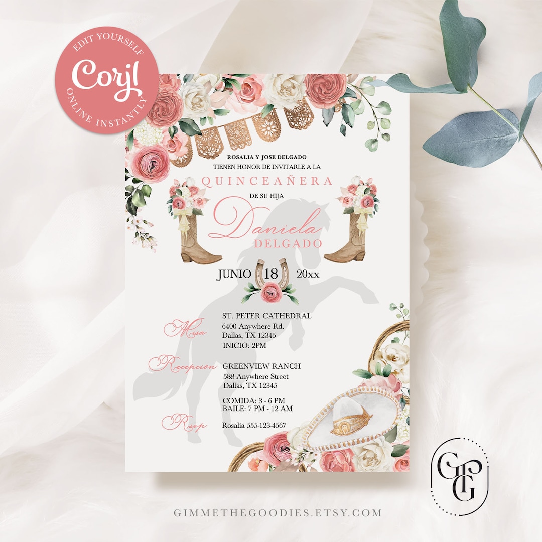 Invitación de Quinceañera de Papel Picado con botas vaqueras rosas y ...