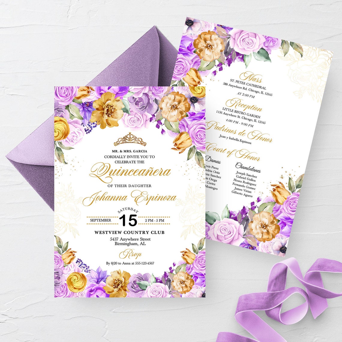 Editable Lilac Floral Quinceanera Invitation Template (corjl) - Etsy