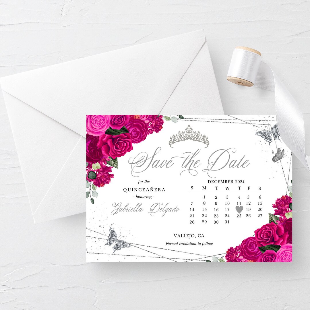 Floral Quinceanera Save the Date Invitation: Fuchsia Pink & Silver ...