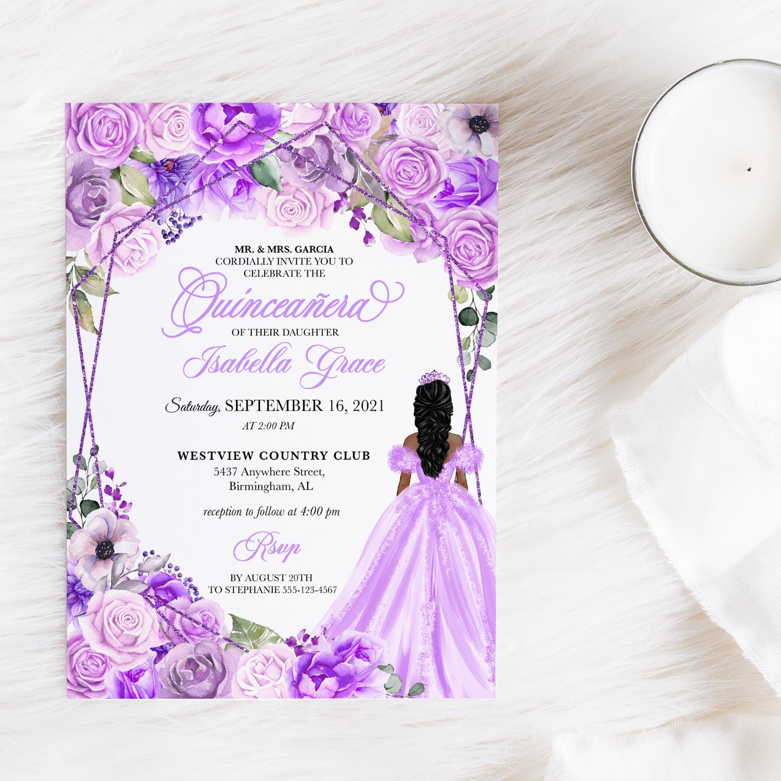 EDITABLE Invitation Elegant Lilac Purple Floral Quinceanera | Etsy