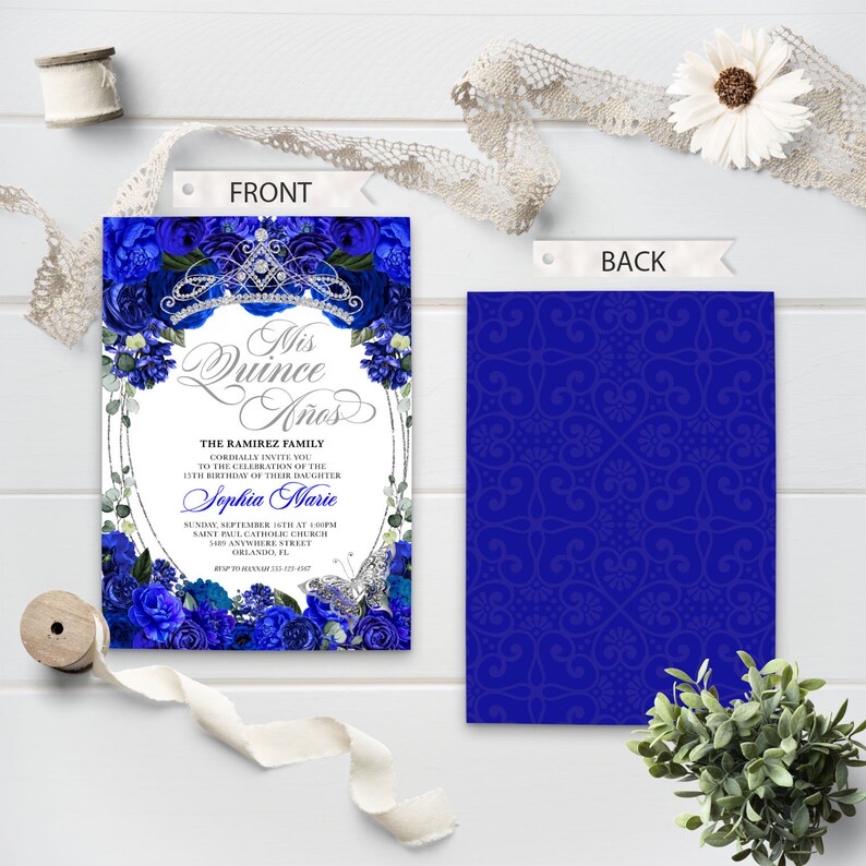 EDITABLE Invitation Royal Blue Silver Floral Quinceanera | Etsy