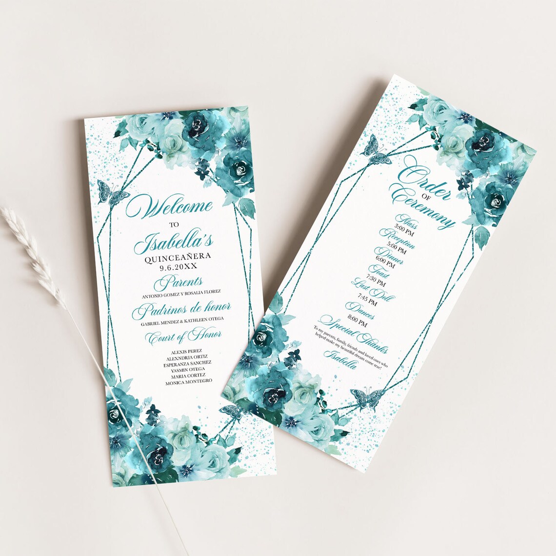 EDITABLE Program Template Elegant Teal Turquoise Floral - Etsy