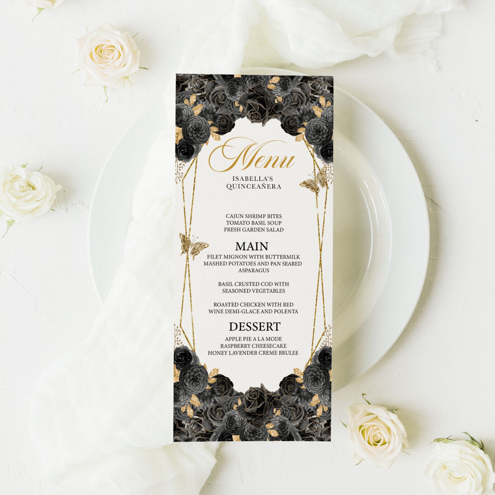 EDITABLE Menu Template Elegant Black and Gold Floral | Etsy