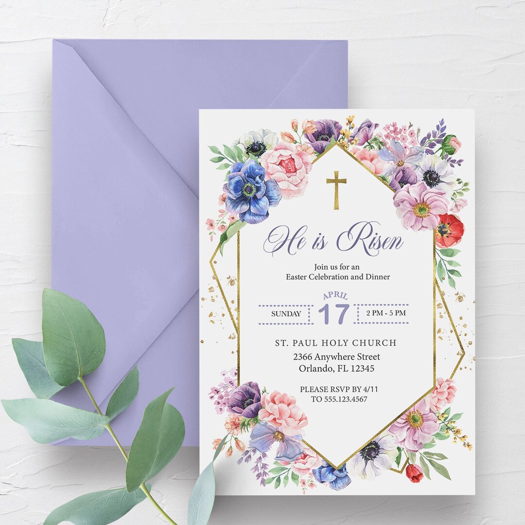 EDITABLE Invitation, Spring Flowers Easter Invitation, He is Risen ...
