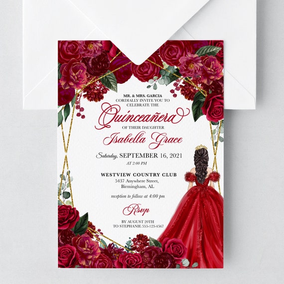 EDITABLE Invitation Elegant Red and Gold Floral Quinceanera - Etsy