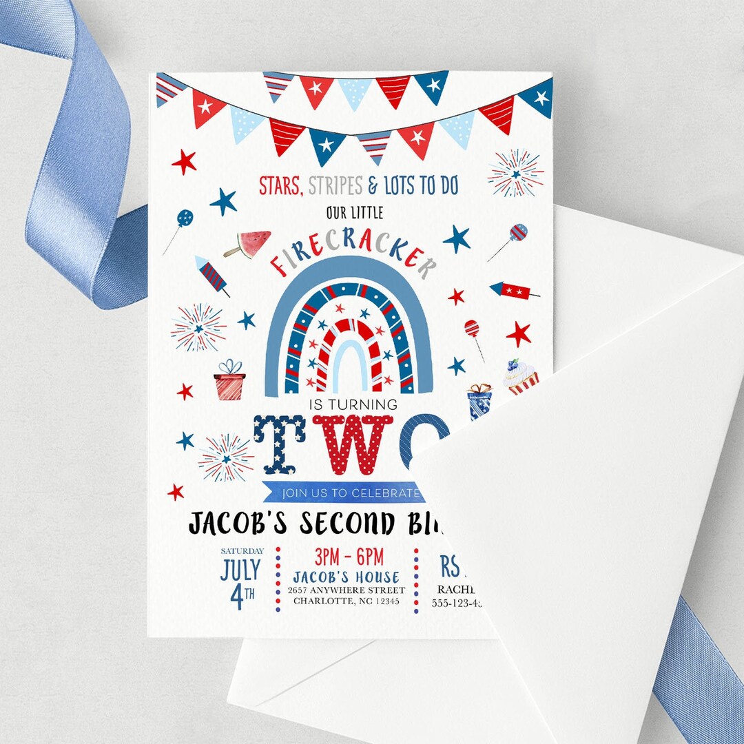 Editable 4th of July Firecracker Second Birthday Invitation (corjl ...