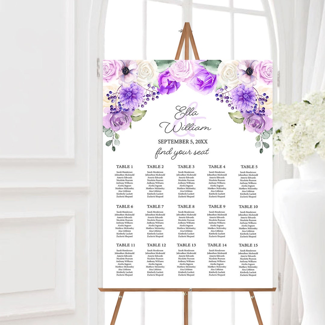 EDITABLE Template, Purple Spring Floral Wedding Seating Chart ...
