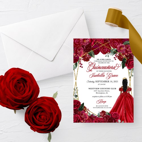 Editable Burgundy Mis Quince Invitation Floral Red Dress - Etsy